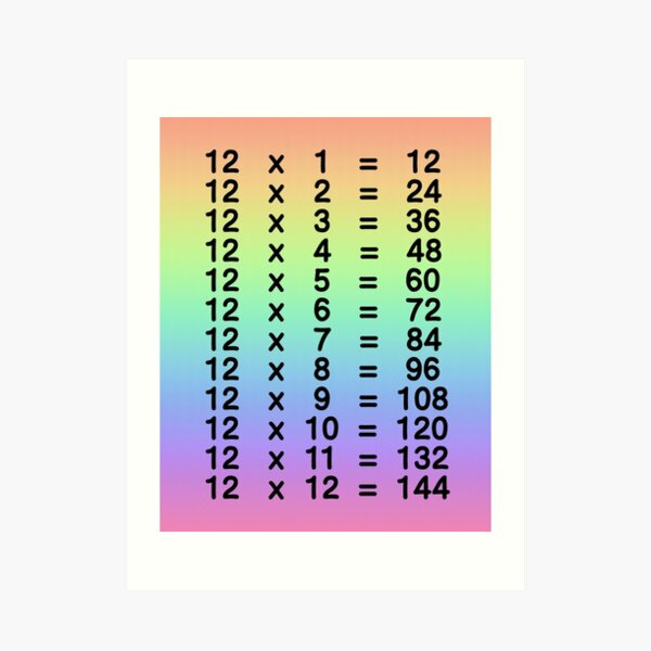 "12 X Table Rainbow Twelve Times Table Multiplication Tables Chart for ...