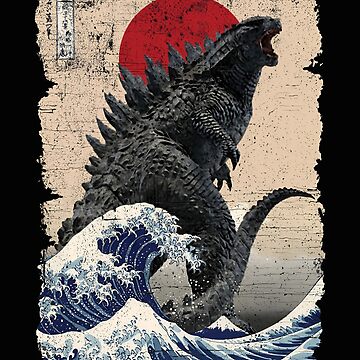 "Godzilla Surfing The Great Wave by Hokusai Funny Parody" Sticker for ...