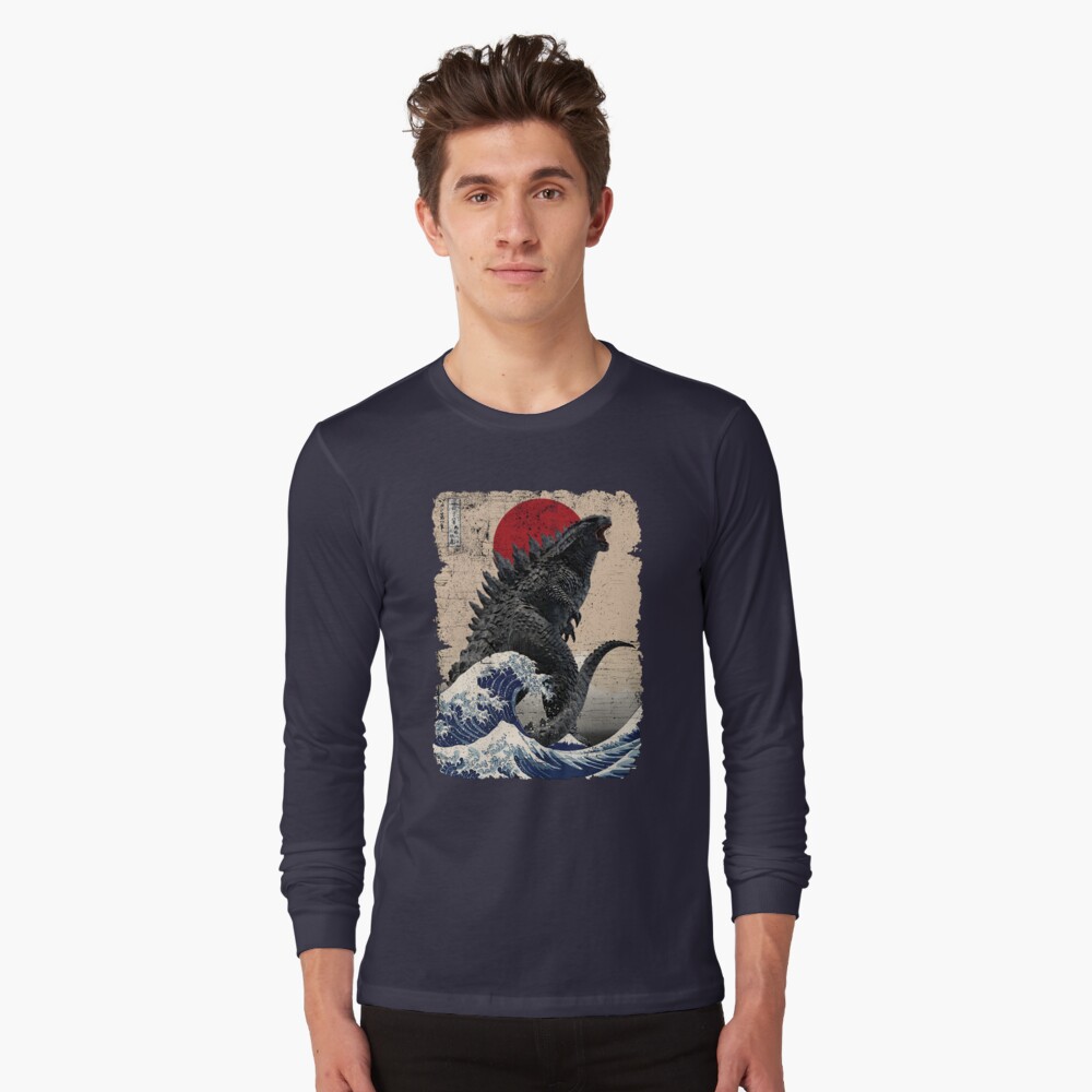 "Godzilla Surfing The Great Wave by Hokusai Funny Parody" Sticker for ...