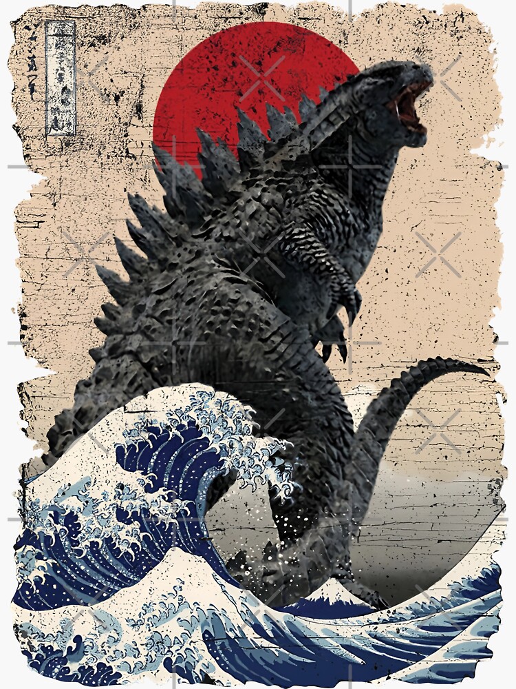 "Godzilla Surfing The Great Wave by Hokusai Funny Parody" Sticker for ...