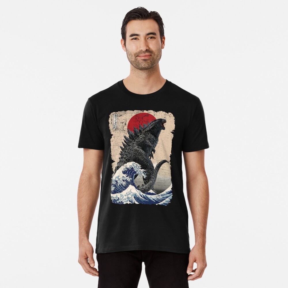 "Godzilla Surfing The Great Wave by Hokusai Funny Parody" Sticker for ...