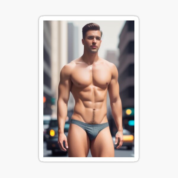 "Male Model With Happy Trail Hair in Gray Men's Bikini on a Road in a City" Sticker for Sale by ...