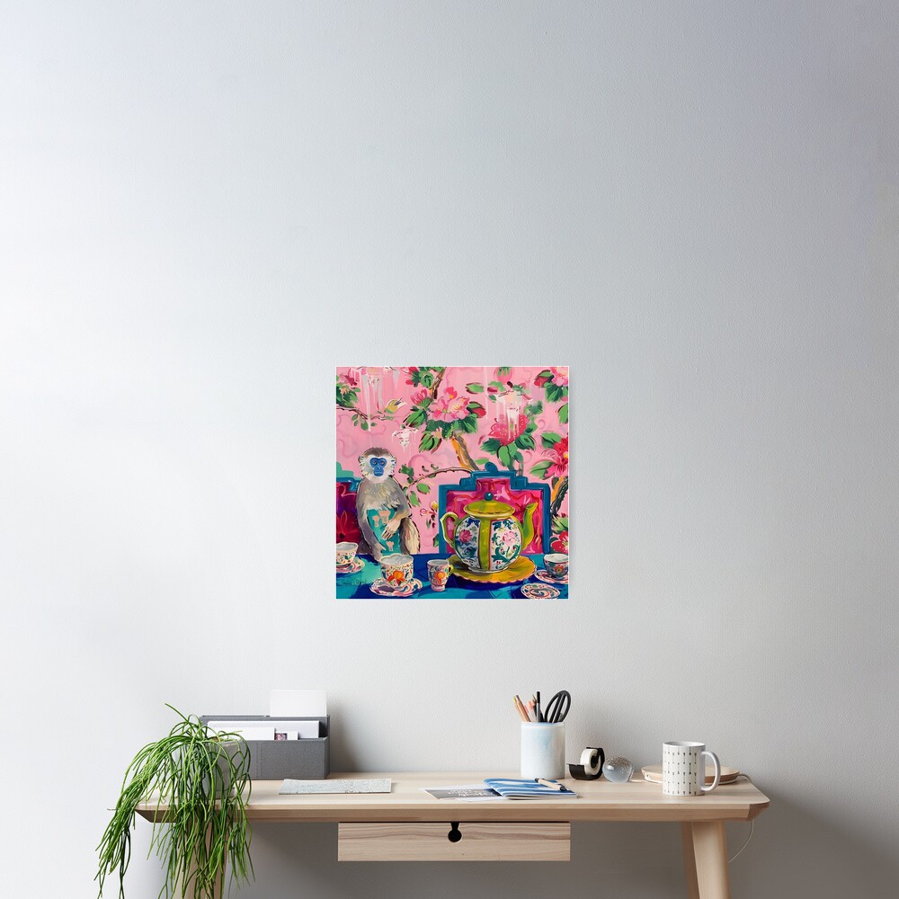 "Grandmillennial art, Monkey in pink chinoiserie interior" Art Print ...