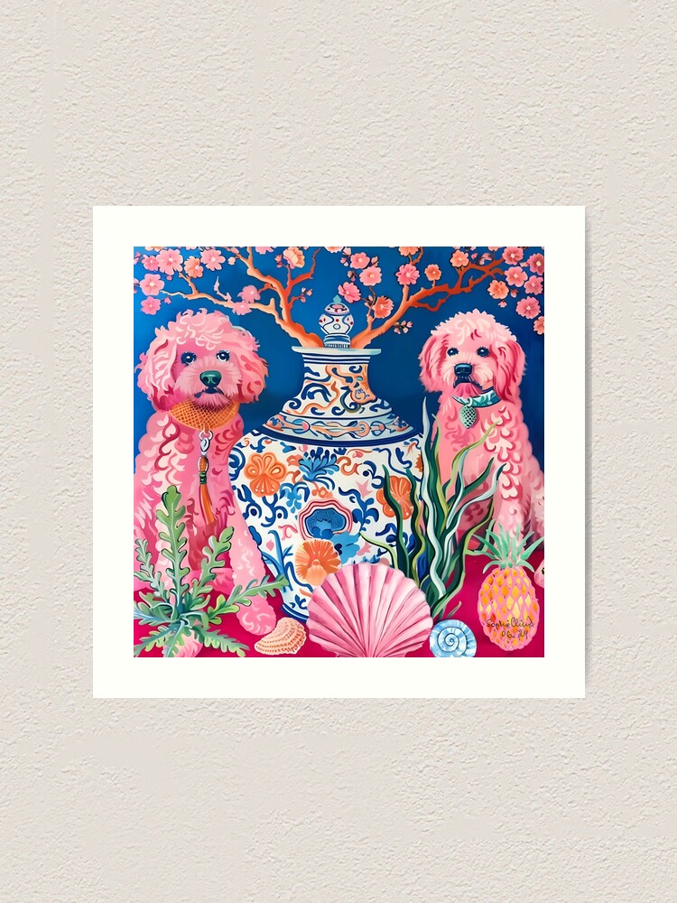 "Pink chinoiserie Cockapoos and ginger jars" Art Print for Sale by ...