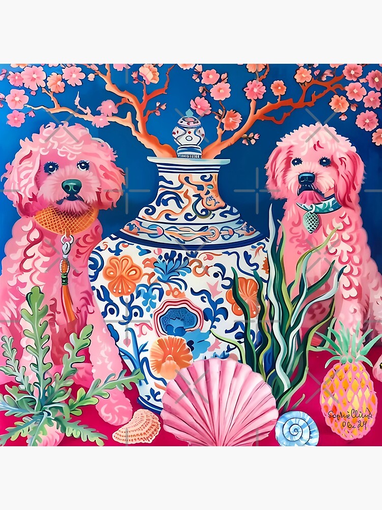 "Pink chinoiserie Cockapoos and ginger jars" Art Print for Sale by ...