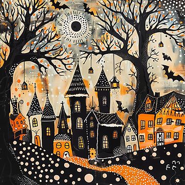 "Folk Art Spooky Halloween Haunted Village" Sticker for Sale by Neika ...