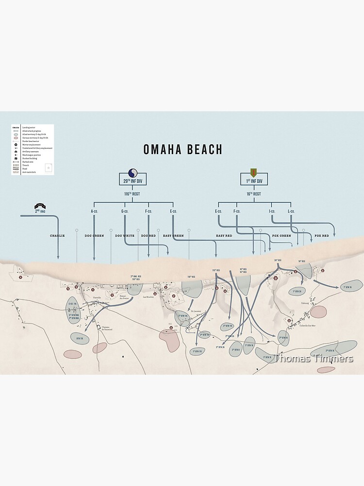 "Omaha Beach map poster - D-day landings in detail with beach sectors ...