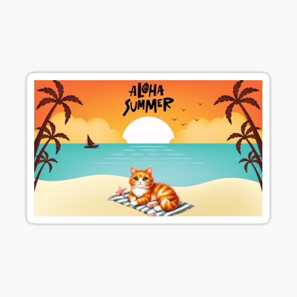 "Hello Summer | Cat Lying on The Beach | Aloha Summer" Sticker for Sale ...
