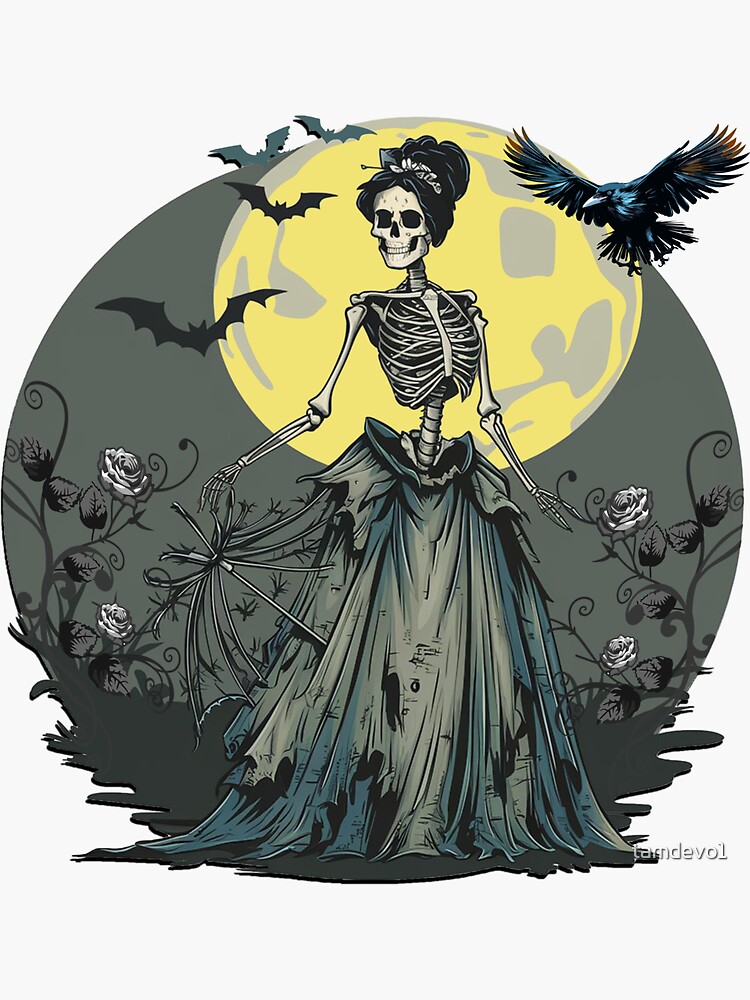 "Southern Goth Skeleton Woman Full Moon Design Gothic" Sticker for Sale ...
