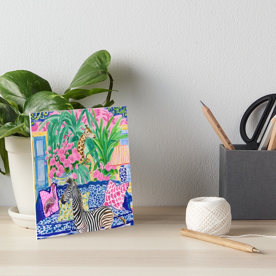 "Preppy zebra and giraffe in blue and pink chinoiserie interior" Art ...