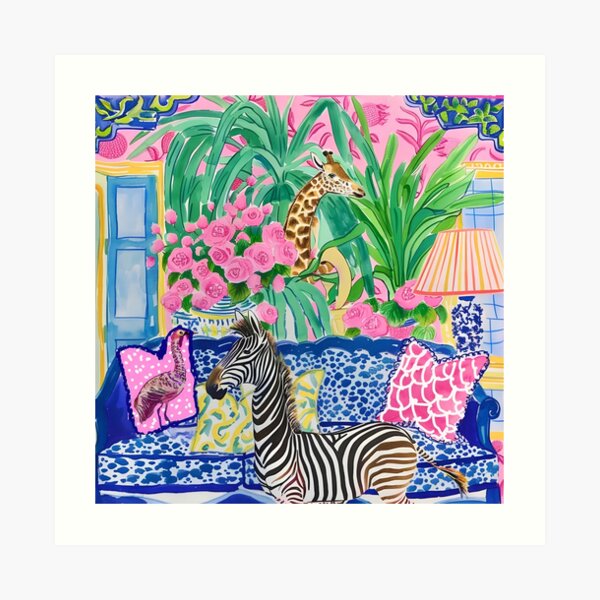 "Preppy zebra and giraffe in blue and pink chinoiserie interior" Art ...