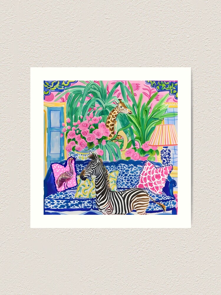 "Preppy zebra and giraffe in blue and pink chinoiserie interior" Art ...