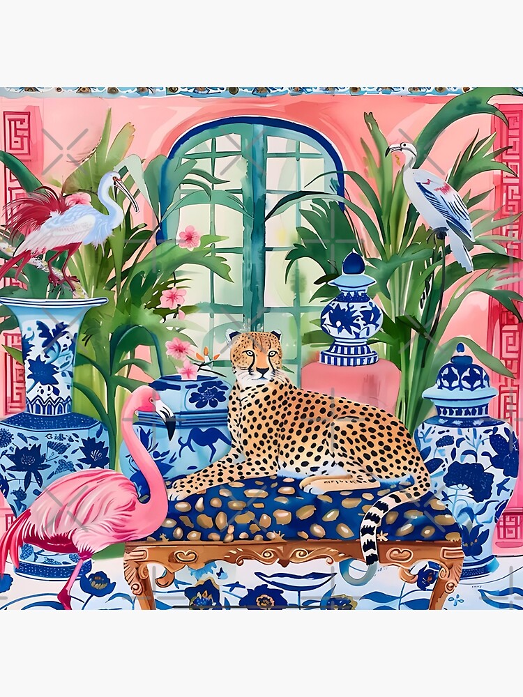 "Preppy cheetah in orange chinoiserie interior" Poster for Sale by ...