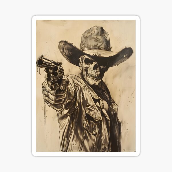 "Skeleton Cowboy Pointing Revolver at Viewer" Sticker for Sale by ...