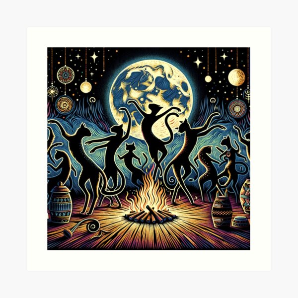 "Celestial Cat Ritual Art Vintage Full Moon Wallpaper Illustration" Art ...