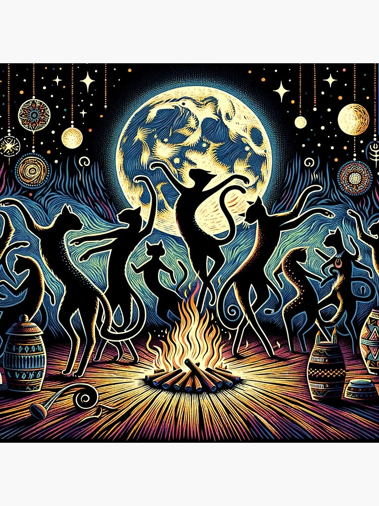 "Celestial Cat Ritual Art Vintage Full Moon Wallpaper Illustration" Art ...
