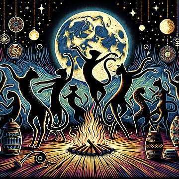 "Celestial Cat Ritual Art Vintage Full Moon Wallpaper Illustration" Art ...