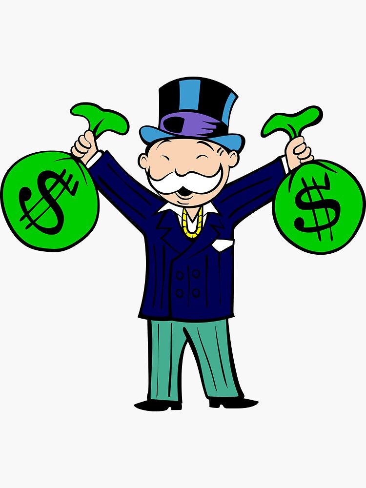 "Joyful Monopoly Man Holding Two Bags of Money" Sticker for Sale by ...