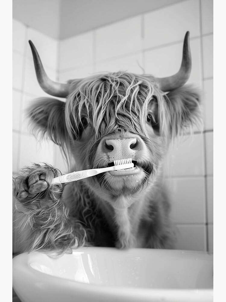 "Highland Cow Brushing Teeth in the Bathroom" Poster for Sale by ...