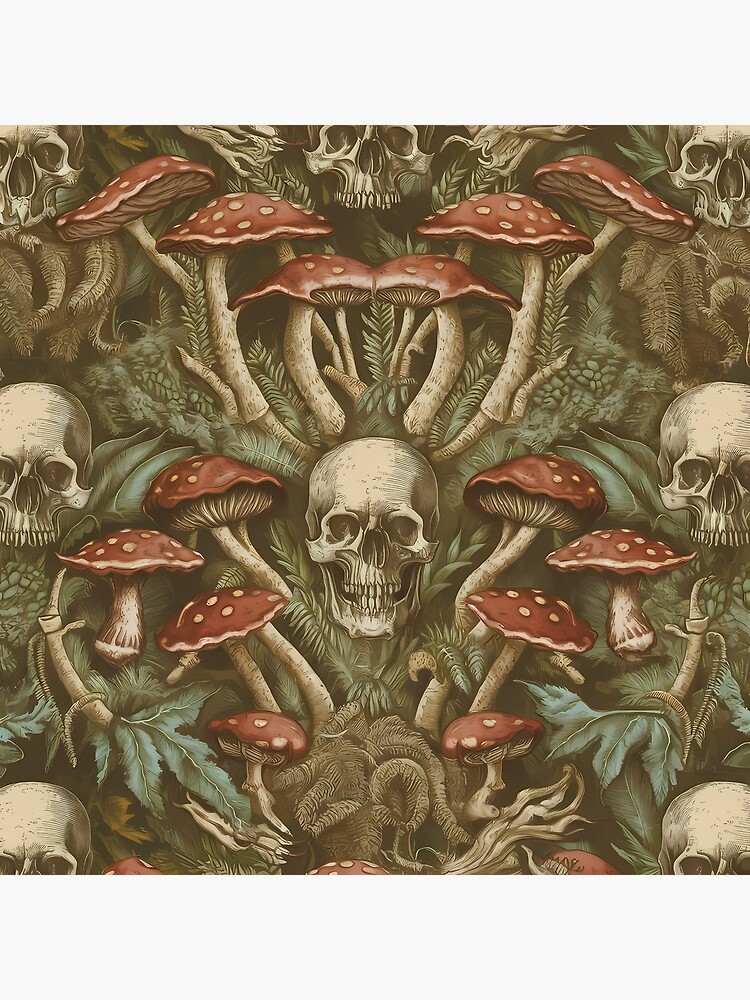 "Goblincore - refuge of the goblins - human skulls and red mushrooms ...