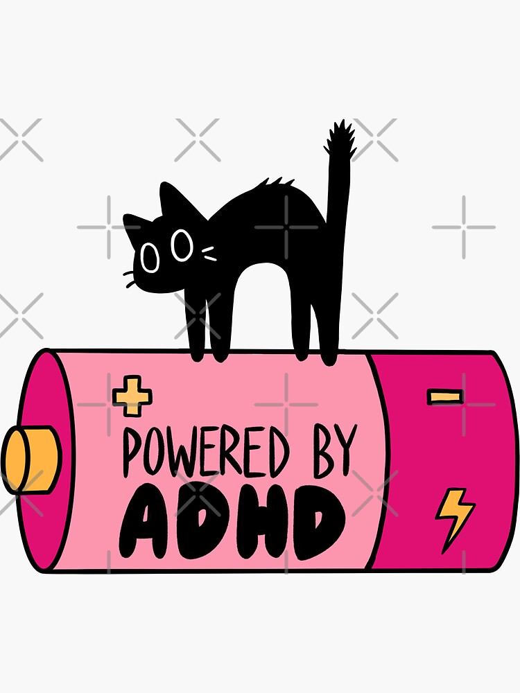 "Powered By ADHD Cat Pink" Sticker for Sale by ari-tistic | Redbubble