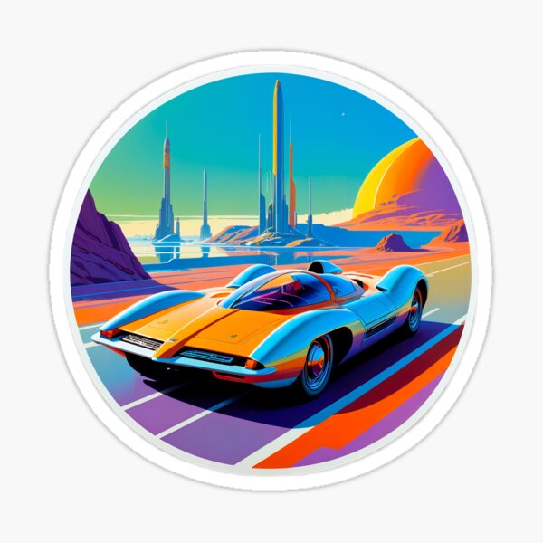 "Retro Futuristic Car in Sci-Fi Landscape" Sticker for Sale by artwaves ...