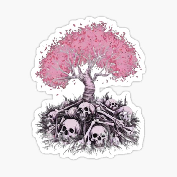 "tree with pink leaves and flowers, under a pile of bones" Sticker for ...