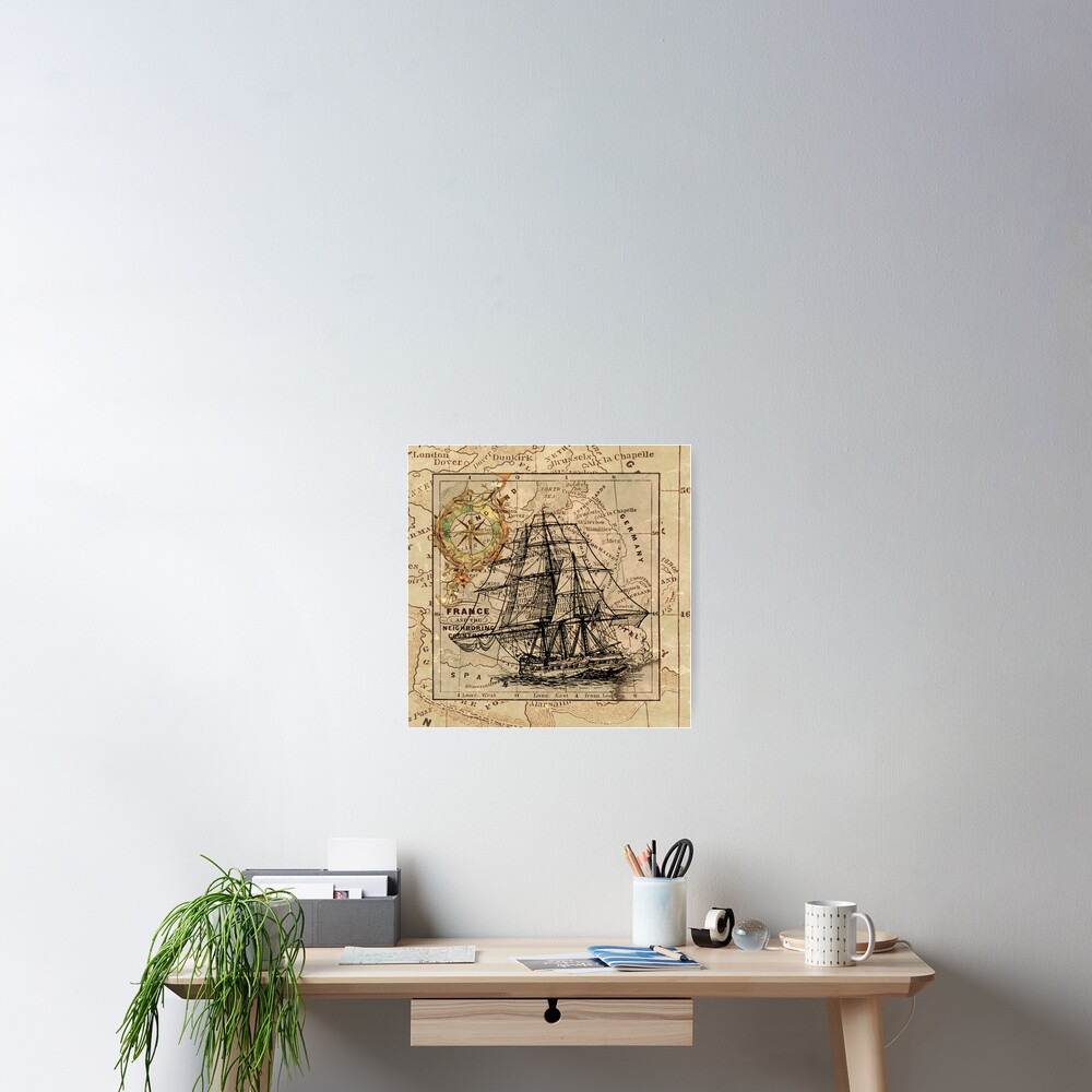 "vintage pirate ship sailor antique world map " Poster for Sale by ...