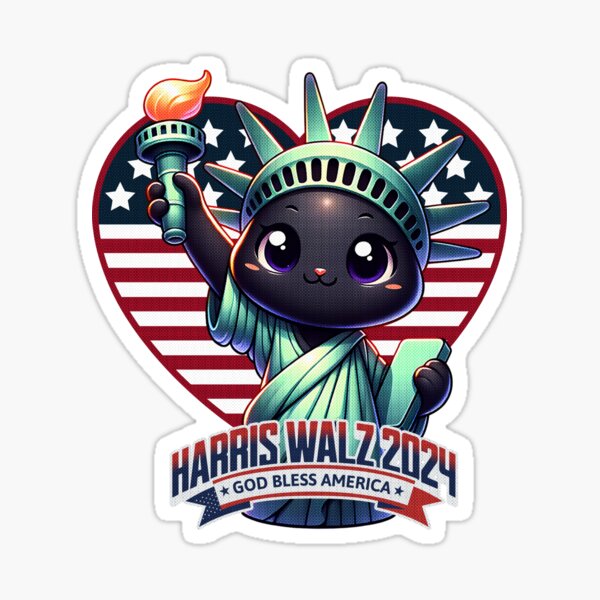 "Cute Kawaii Cat as Statue of Liberty with Harris-Walz 2024" Sticker ...
