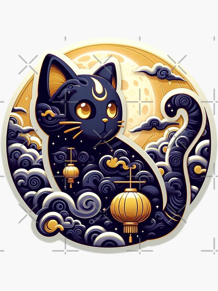 "Joyful Cat Mid Autumn" Sticker for Sale by Ichi-100 | Redbubble