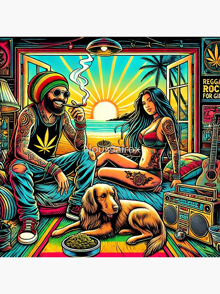 "Reggae Man and Rock Girl in Psychedelic sunset" Sticker for Sale by ...