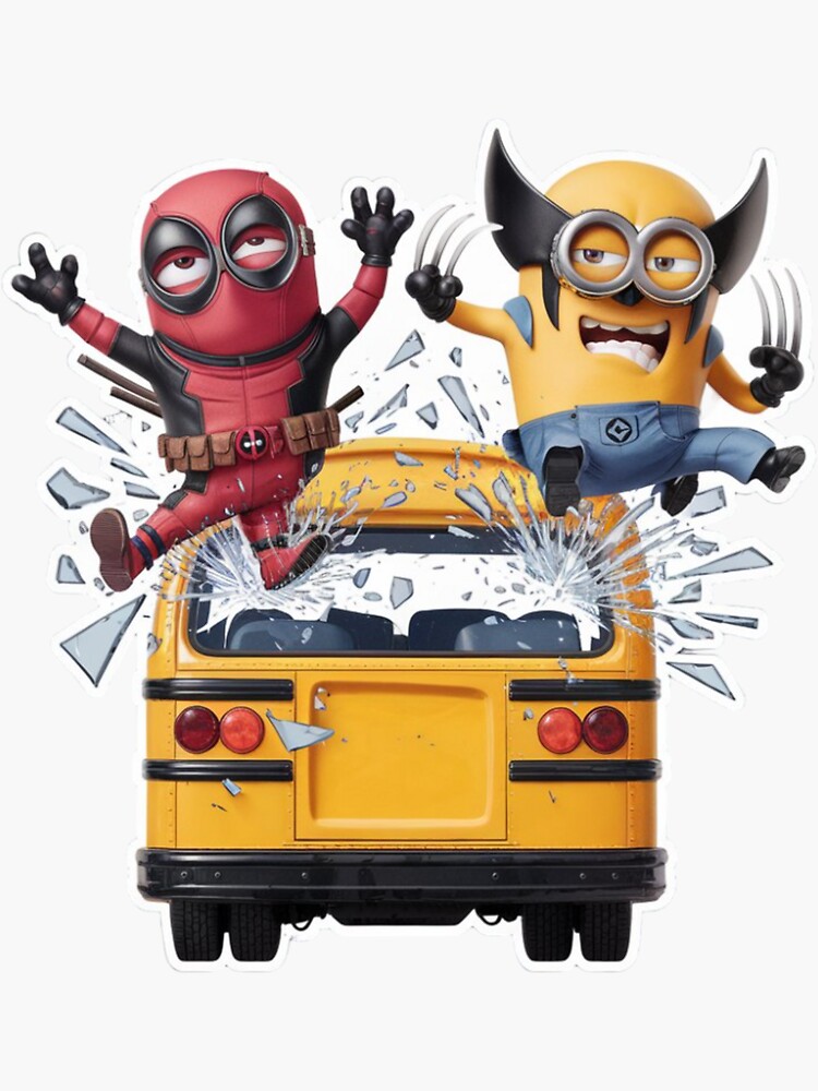 "Deadpool Wolverine Minion Bus" Sticker by w4rgn3r | Redbubble