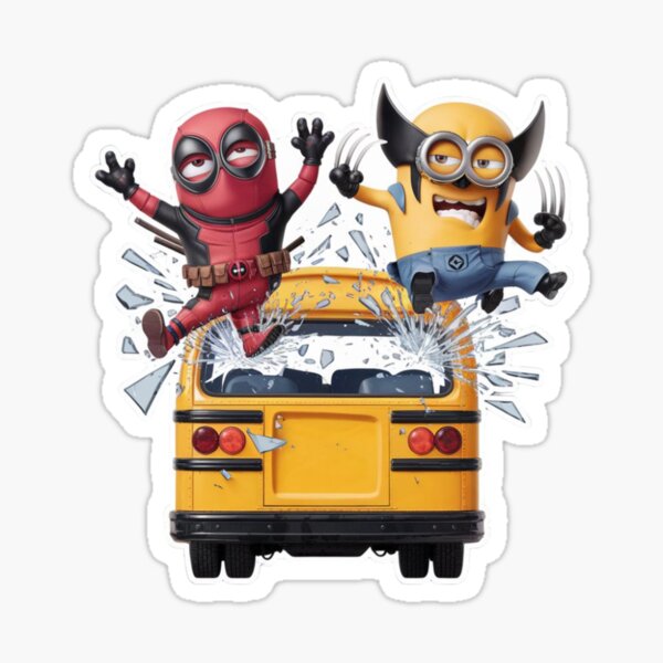 "Deadpool Wolverine Minion Bus" Sticker by w4rgn3r | Redbubble