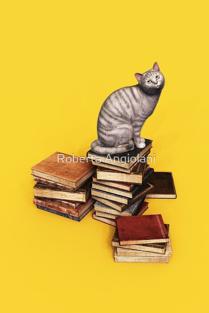 "British Cat on a stack of books" by Roberta Angiolani | Redbubble