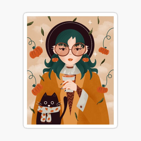 "Halloween is coming, pumpkin scarf cat and a fall girl" Sticker for ...