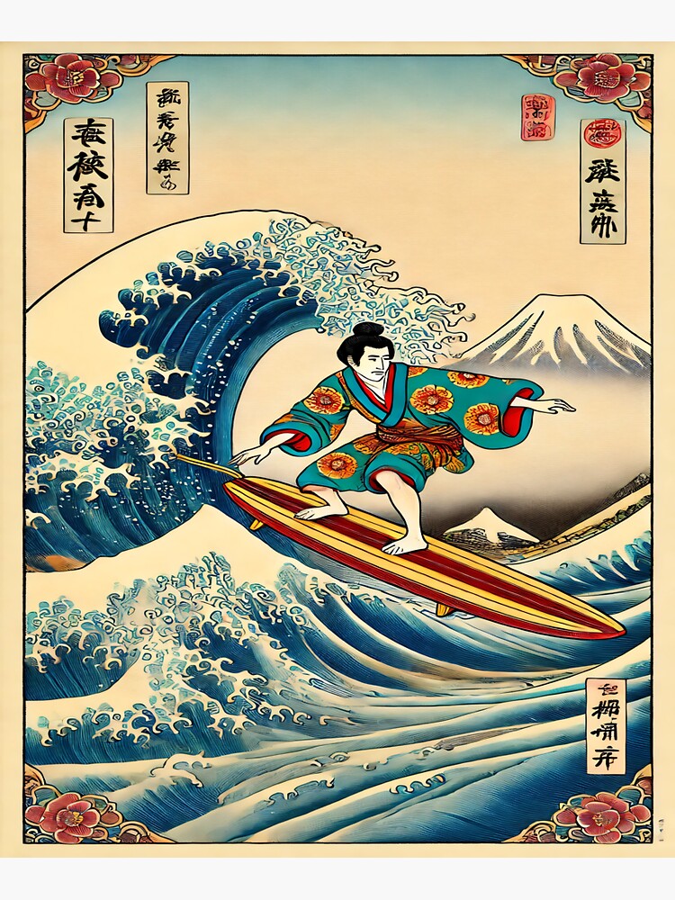 "Ukiyo-e Surfer Samurai - The Great Wave Style" Sticker for Sale by ...