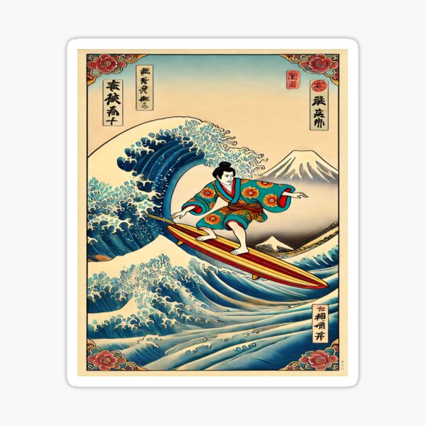 "Ukiyo-e Surfer Samurai - The Great Wave Style" Sticker for Sale by ...