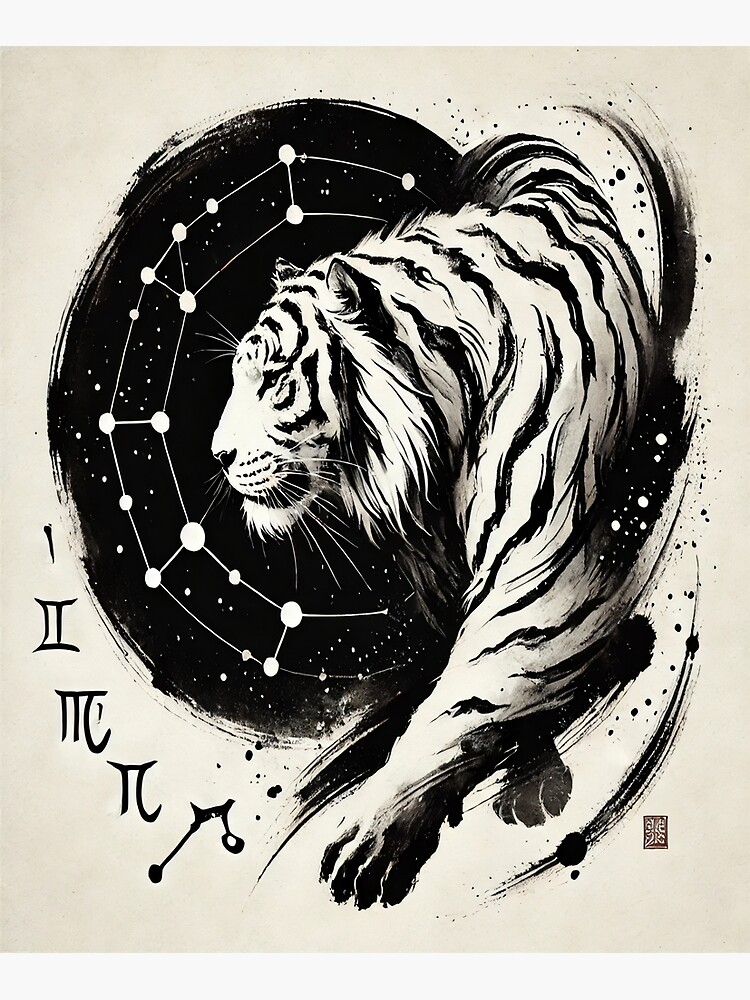 "Sumi-e Tiger and Zodiac Constellations – Ink Wash Art" Poster for Sale ...