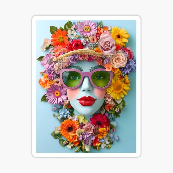 "3D Portrait with Red Lipstick, Floral Headpiece, and Pink Sunglasses ...