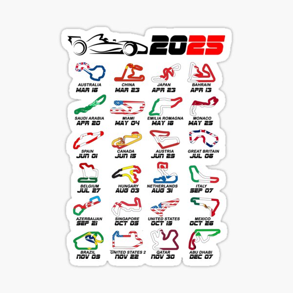 "Calendar Formula race cars 2025 circuits colors white" Sticker for ...