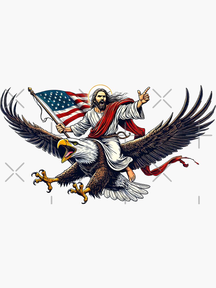 "Jesus Riding a Giant Bald Eagle with American Flag" Sticker for Sale ...