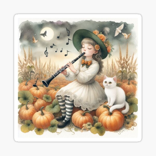 "Girl in White Dress and Hat Playing Clarinet with White Cat and Birds ...