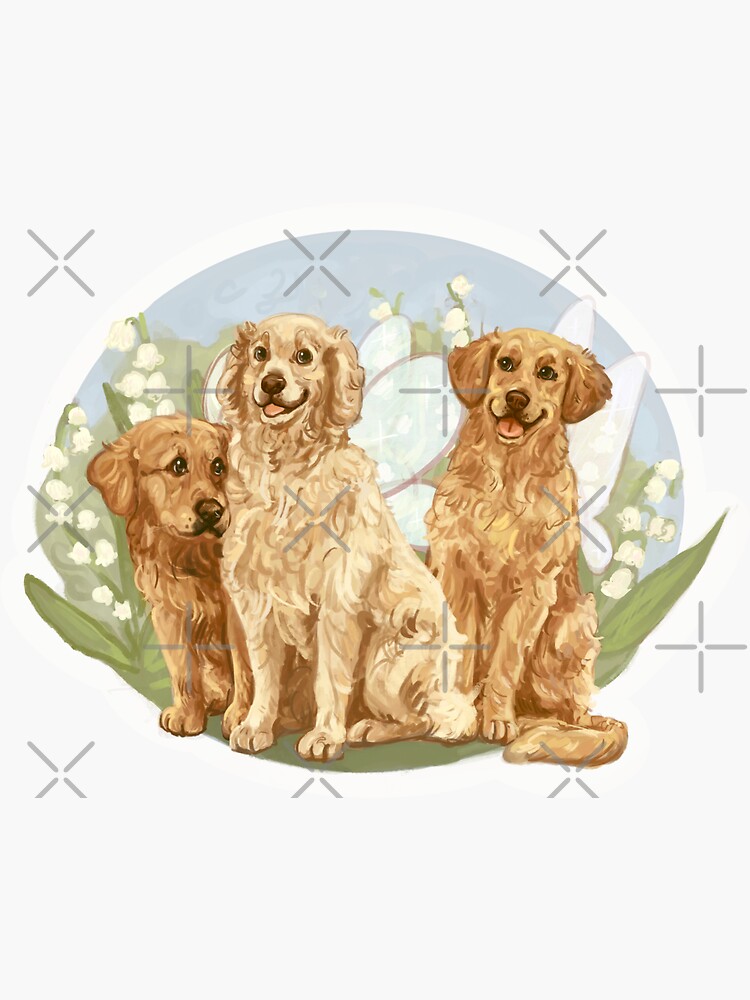 "Magical Fairies Golden Retrievers Painting | Cute Dog Art" Sticker for Sale by JoyfulStarArt ...