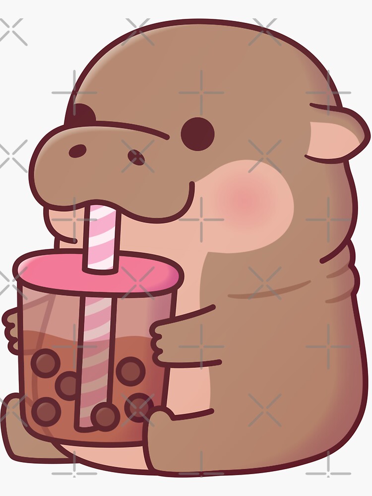 "Cute Baby Hippo Drinking Boba Tea" Sticker for Sale by rustydoodle ...