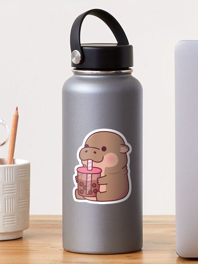 "Cute Baby Hippo Drinking Boba Tea" Sticker for Sale by rustydoodle ...
