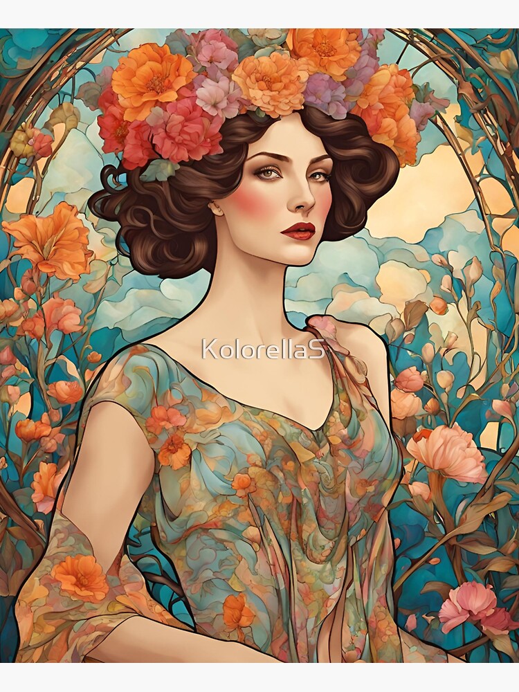 " Art nouveau beautiful woman secession, flower garden" Sticker for ...
