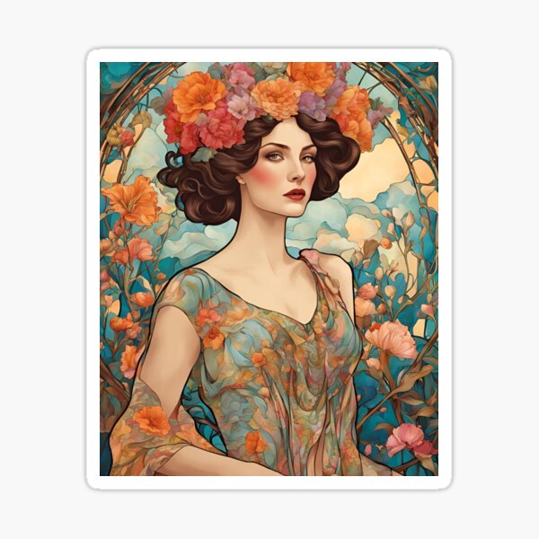" Art nouveau beautiful woman secession, flower garden" Sticker for ...