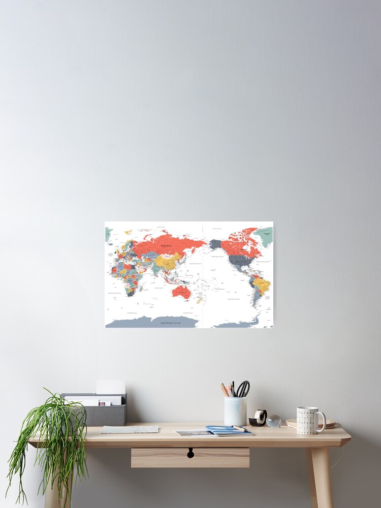 "Pacific Centered World Map in Happy Colours" Poster for Sale by ...