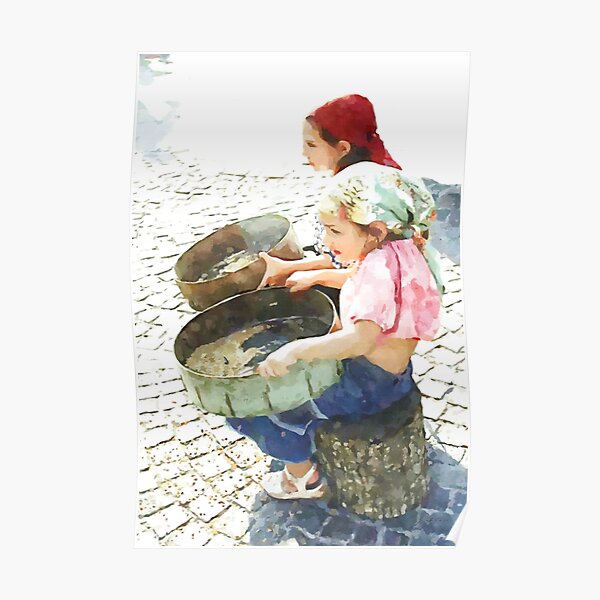 "Two little girls dressed as small farmers with a sieve" Poster by ...