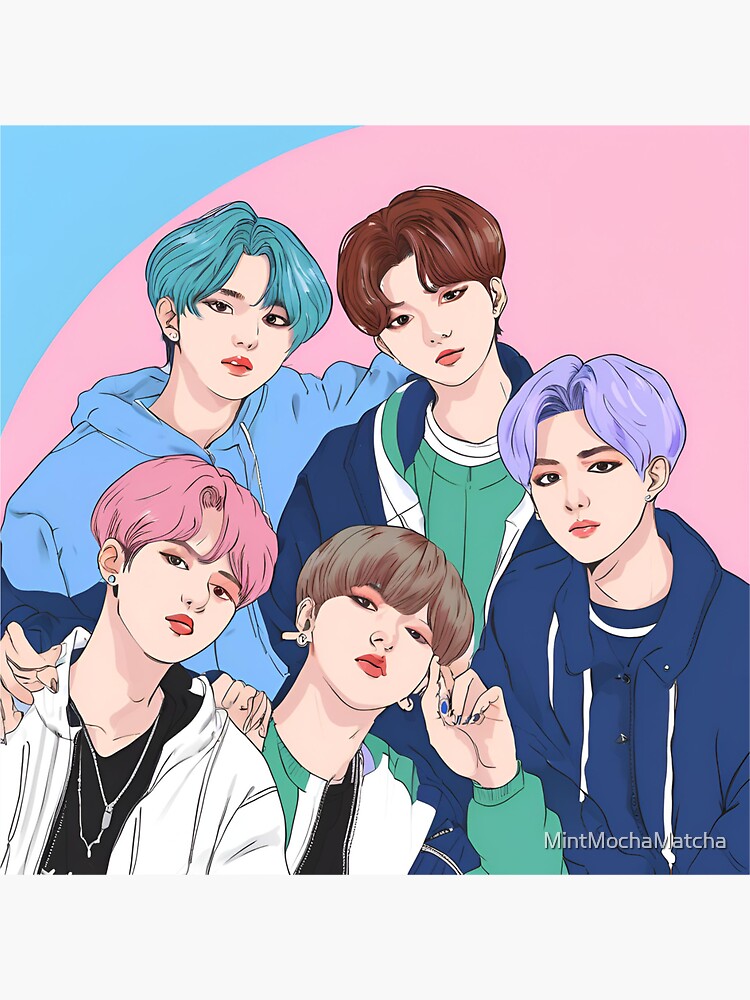 "TXT Group Drawing Kpop Cartoon" Sticker for Sale by MintMochaMatcha ...